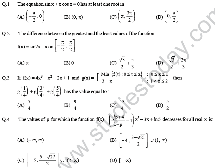 JEE Mathematics Application of Derivatives MCQs Set A with Answers